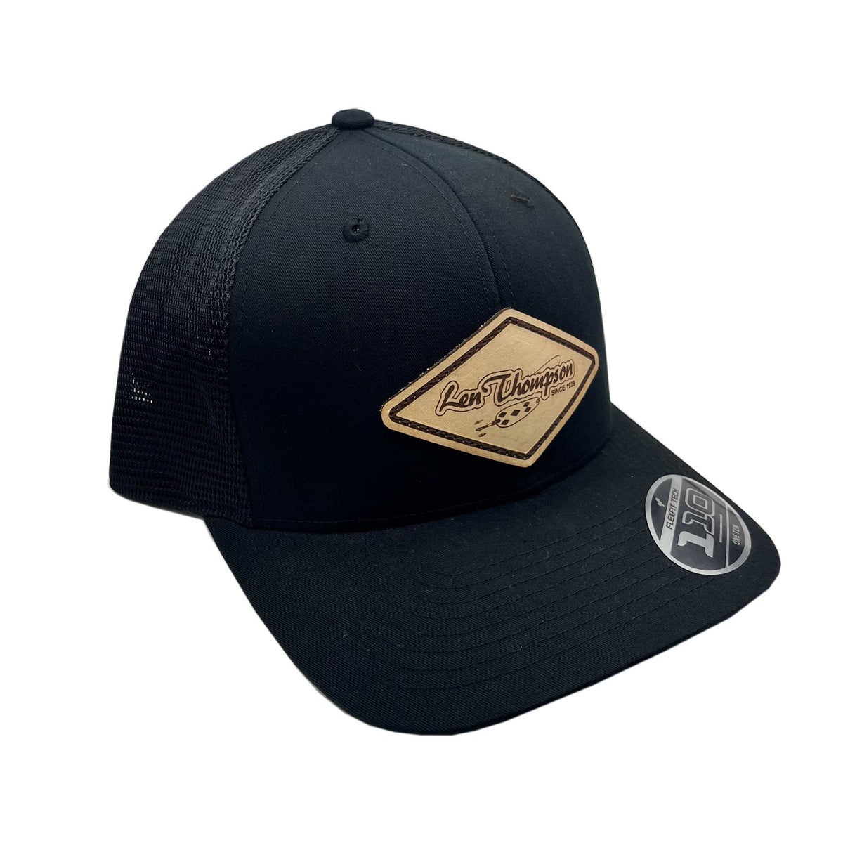 Len Thompson Hat - Flexfit 110 - Black (Leather Patch) – Len Thompson Lures